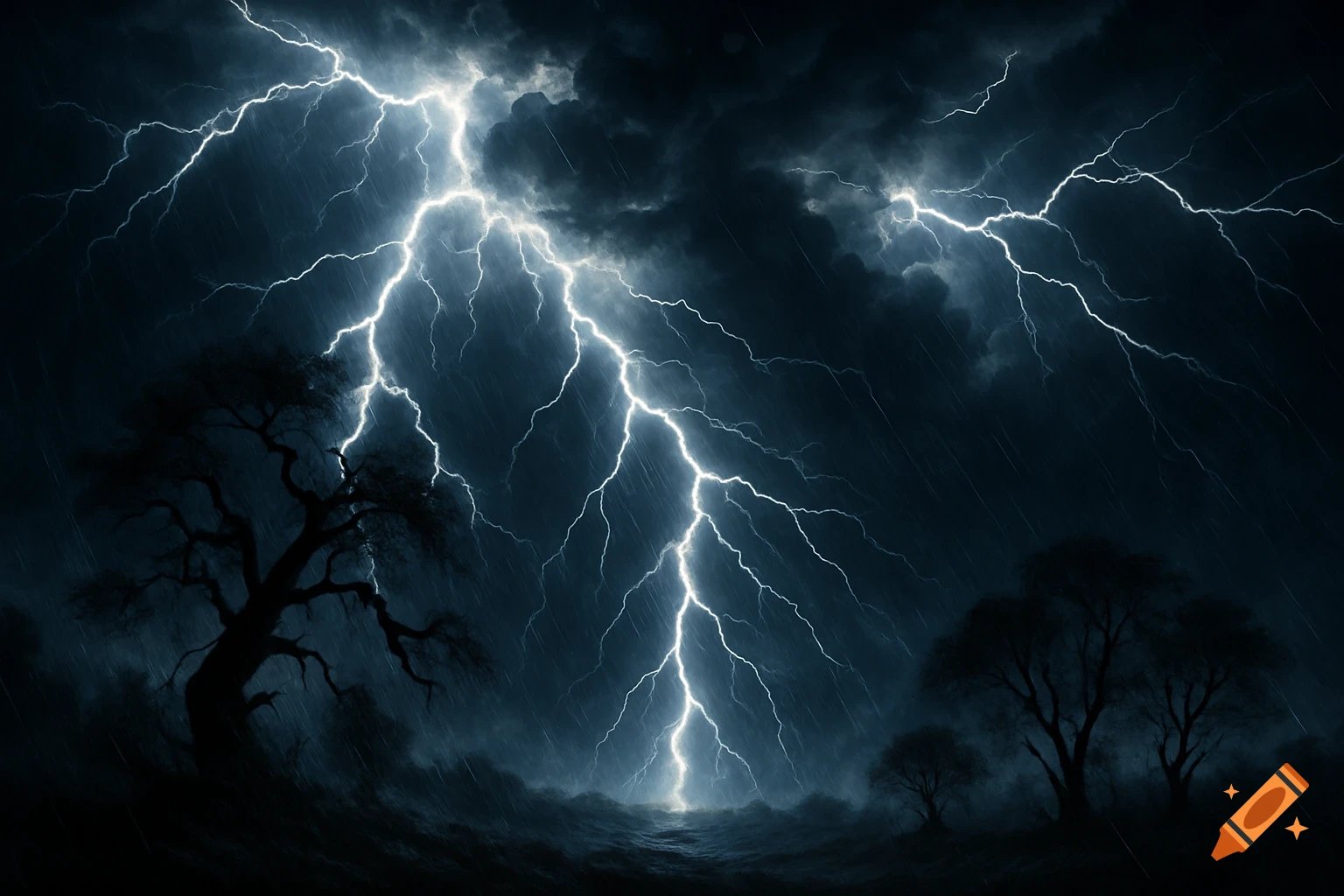 A dramatic stormy landscape with heavy rain and multiple lightning ...