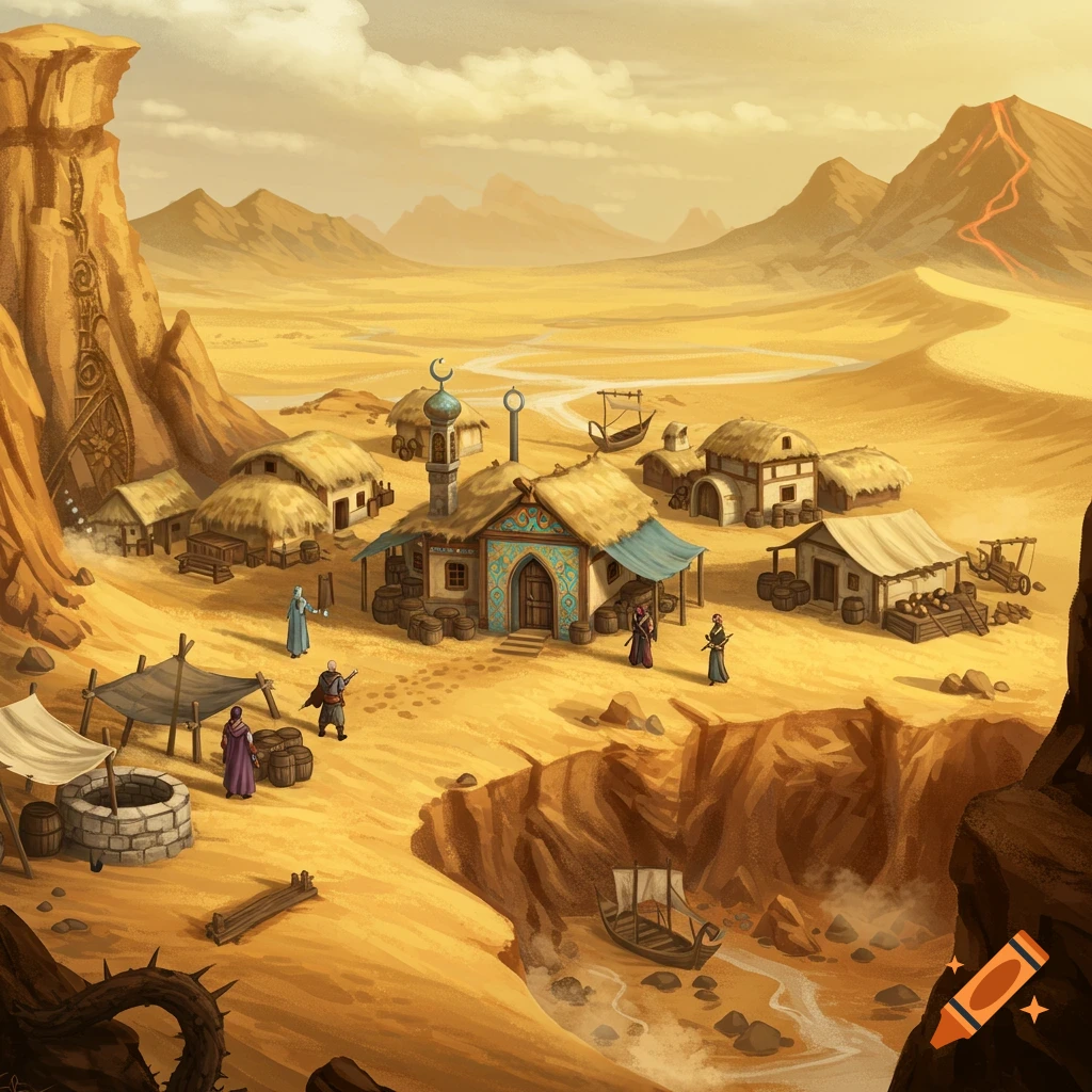 An illustrated desert village with thatched-roof buildings, a minaret ...