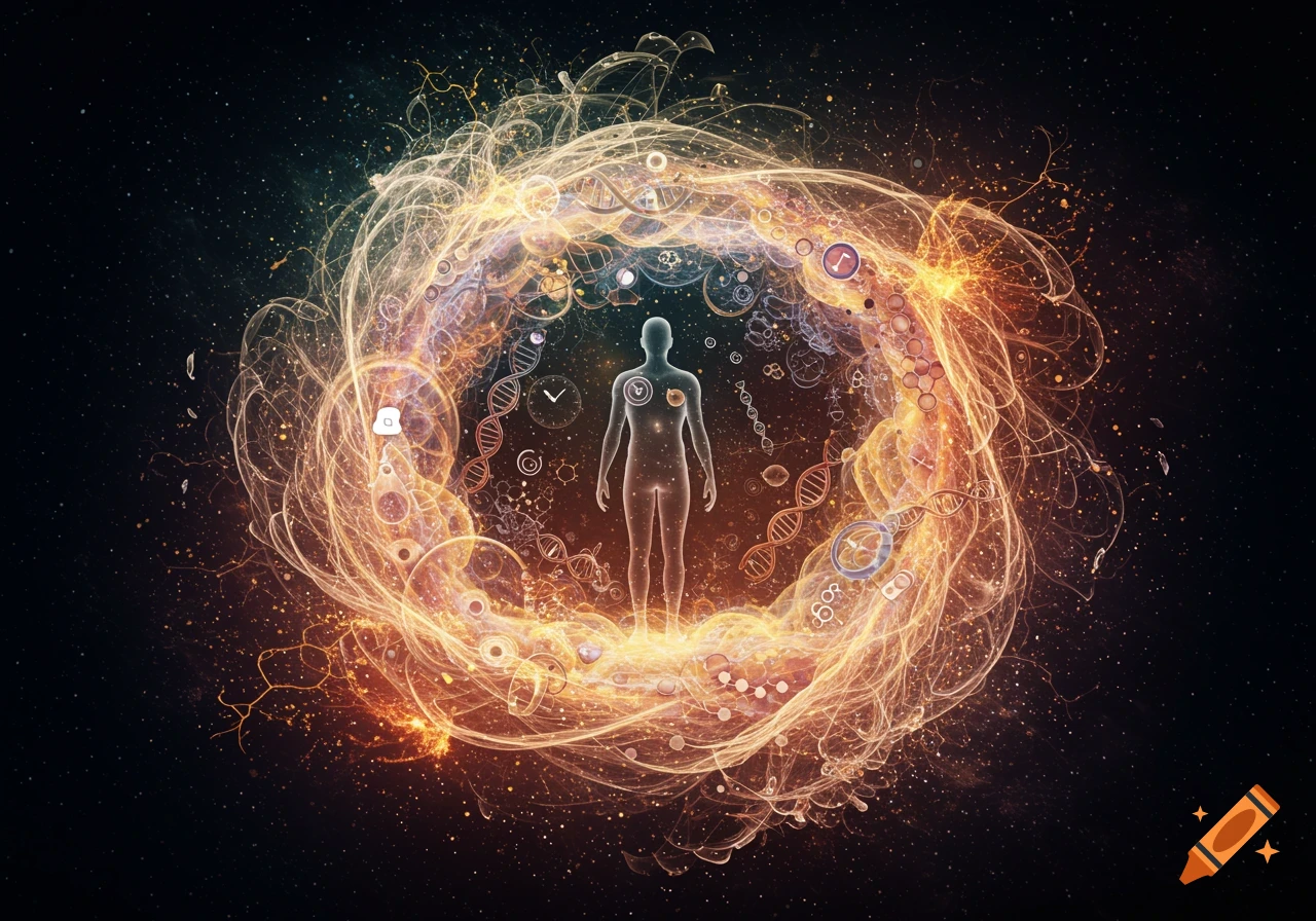 A stylized illustration of a human ear surrounded by dark, mysterious ...