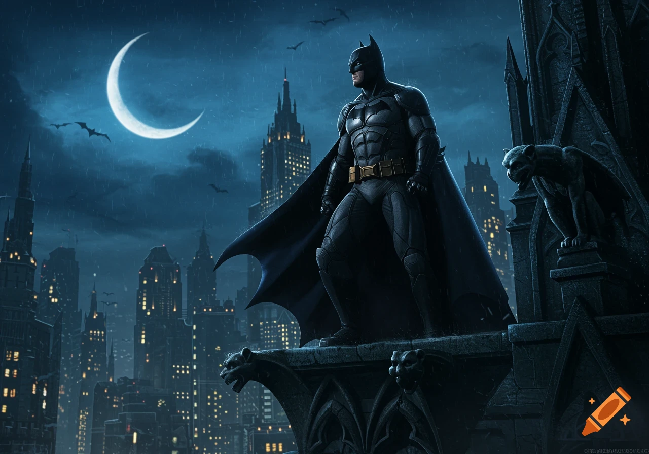 Photorealistic render of a detailed LEGO Batman minifigure with glowing ...