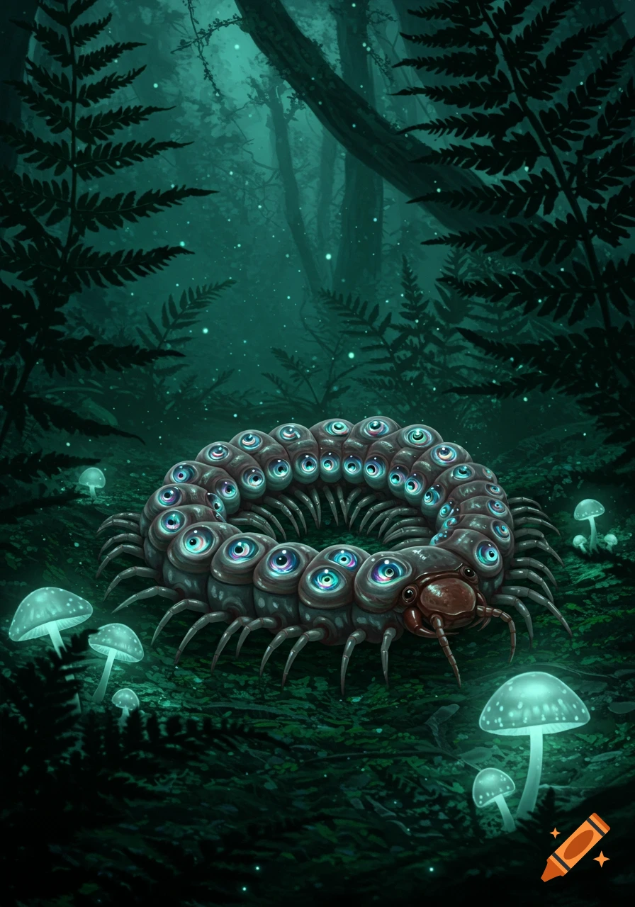 An illustrated coiled centipede creature with multiple eyes on a dark ...