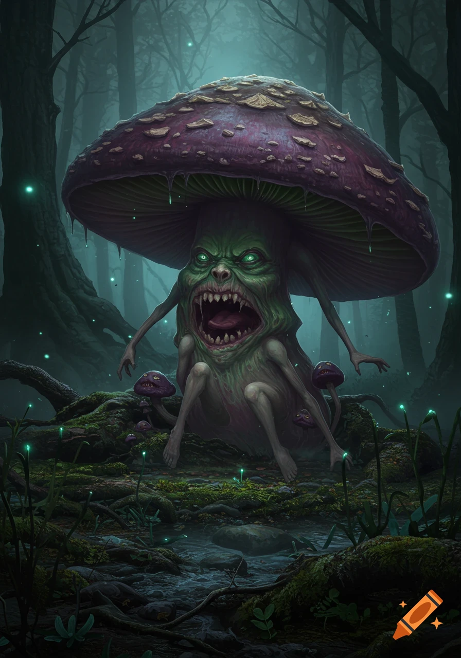 A monstrous red corpse flower with sharp teeth in a dark, misty jungle, in an illustrative style ...