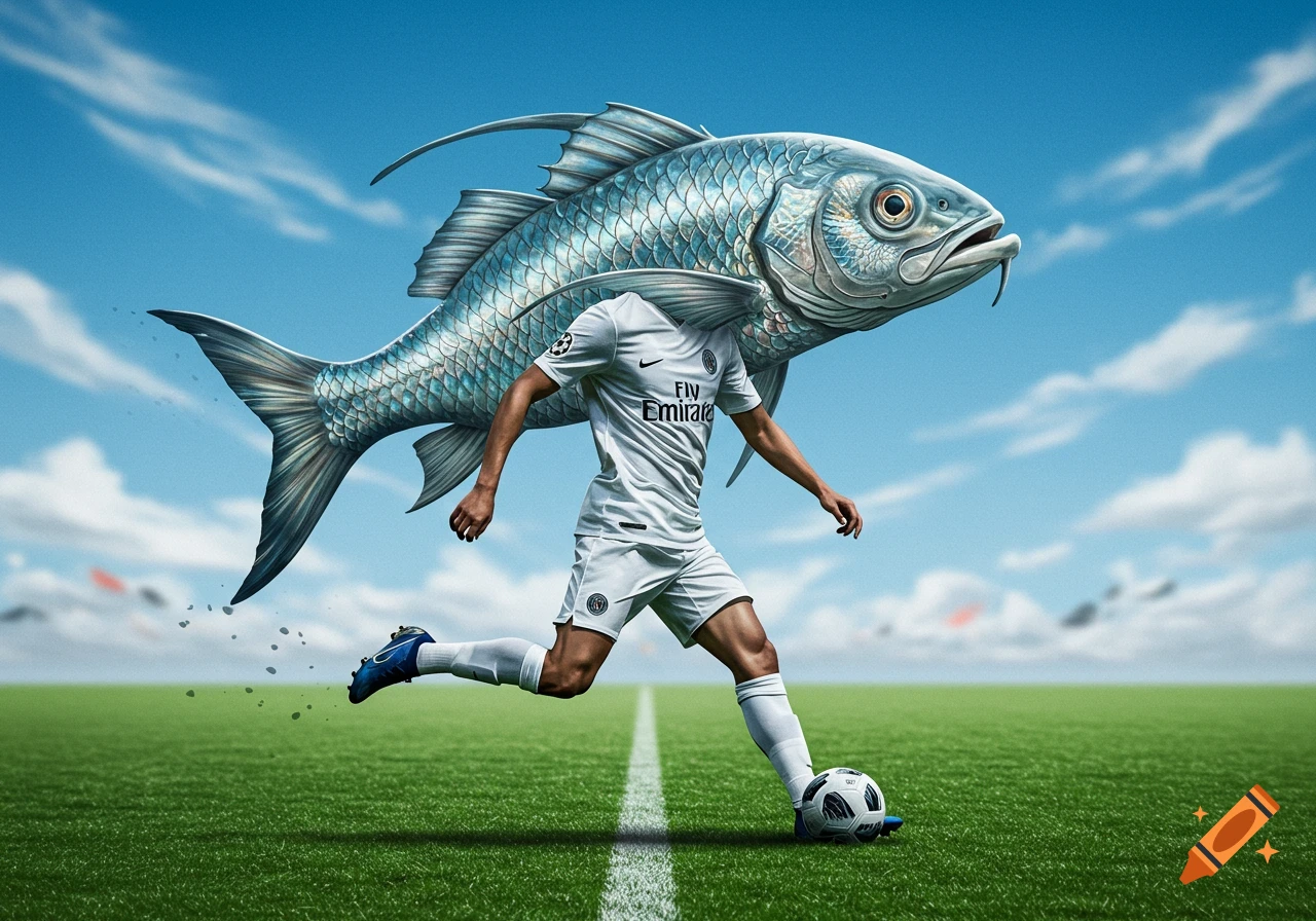 A surreal image of a soccer player with a large fish head, running with ...