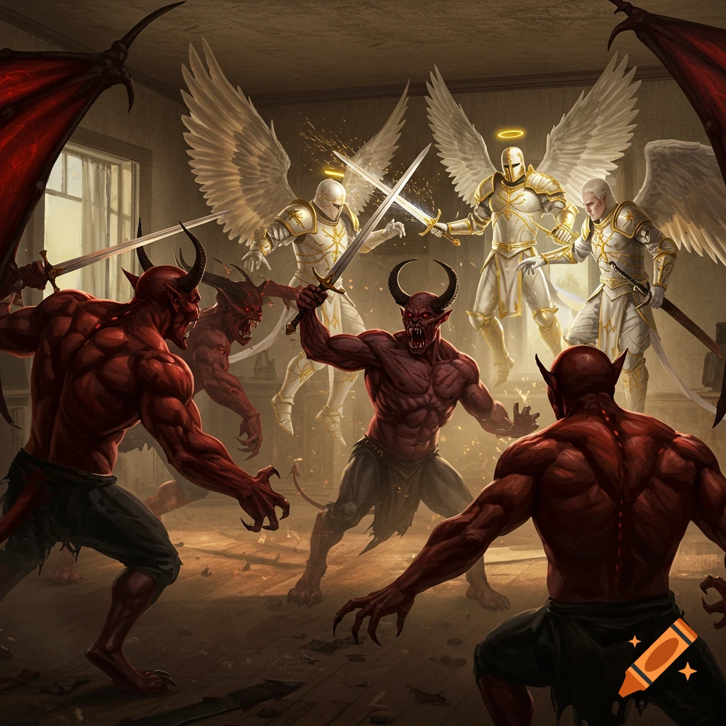 Red-skinned demons with horns battle winged angels in golden armor ...