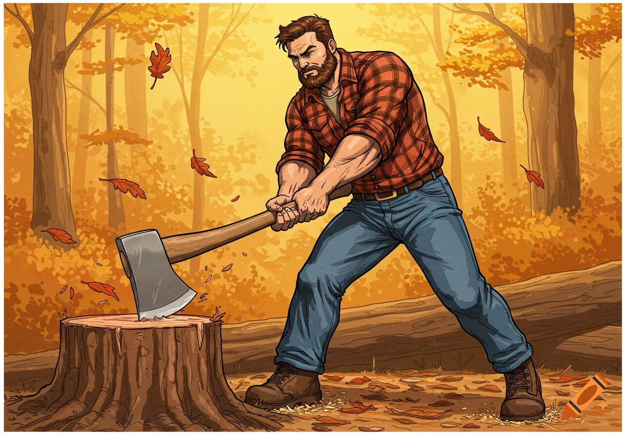 A strong man with a beard and plaid shirt chopping wood with an axe in ...