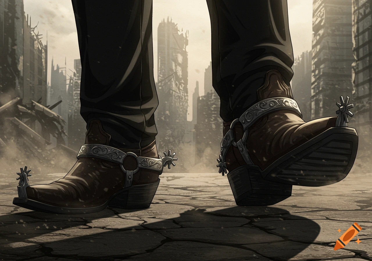 Close-up of a person wearing dark brown cowboy boots with silver spurs ...