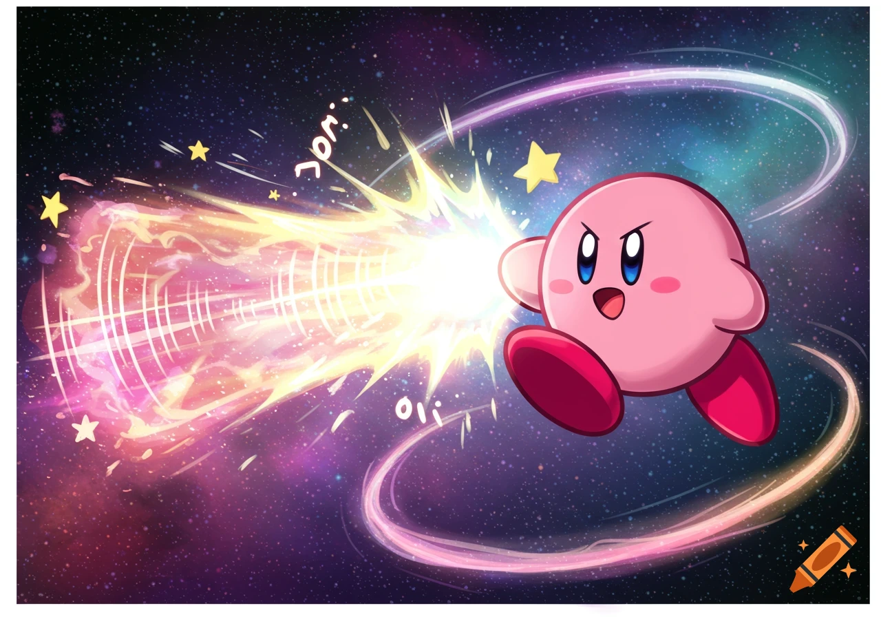 A cute pink round character with big blue sparkling eyes and a cheerful ...