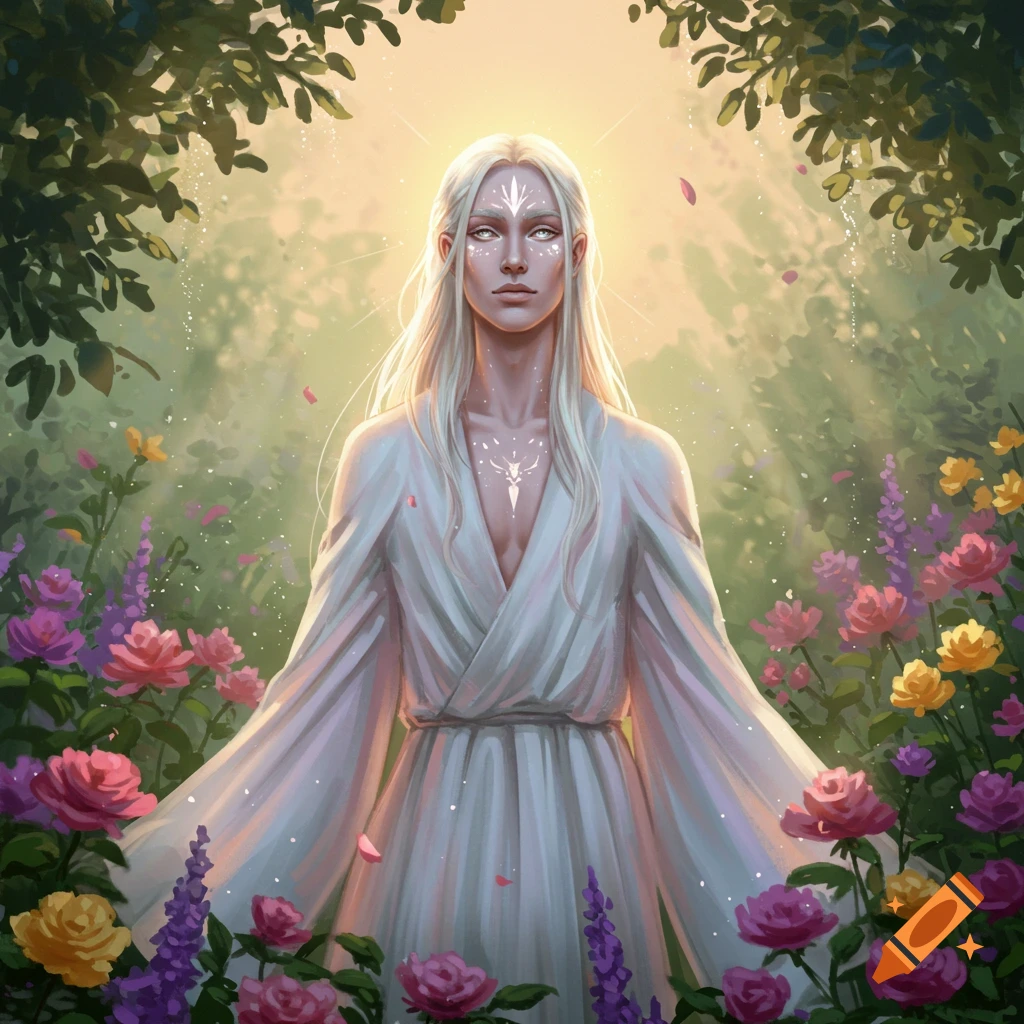 An ethereal fantasy figure with long white hair and glowing markings ...