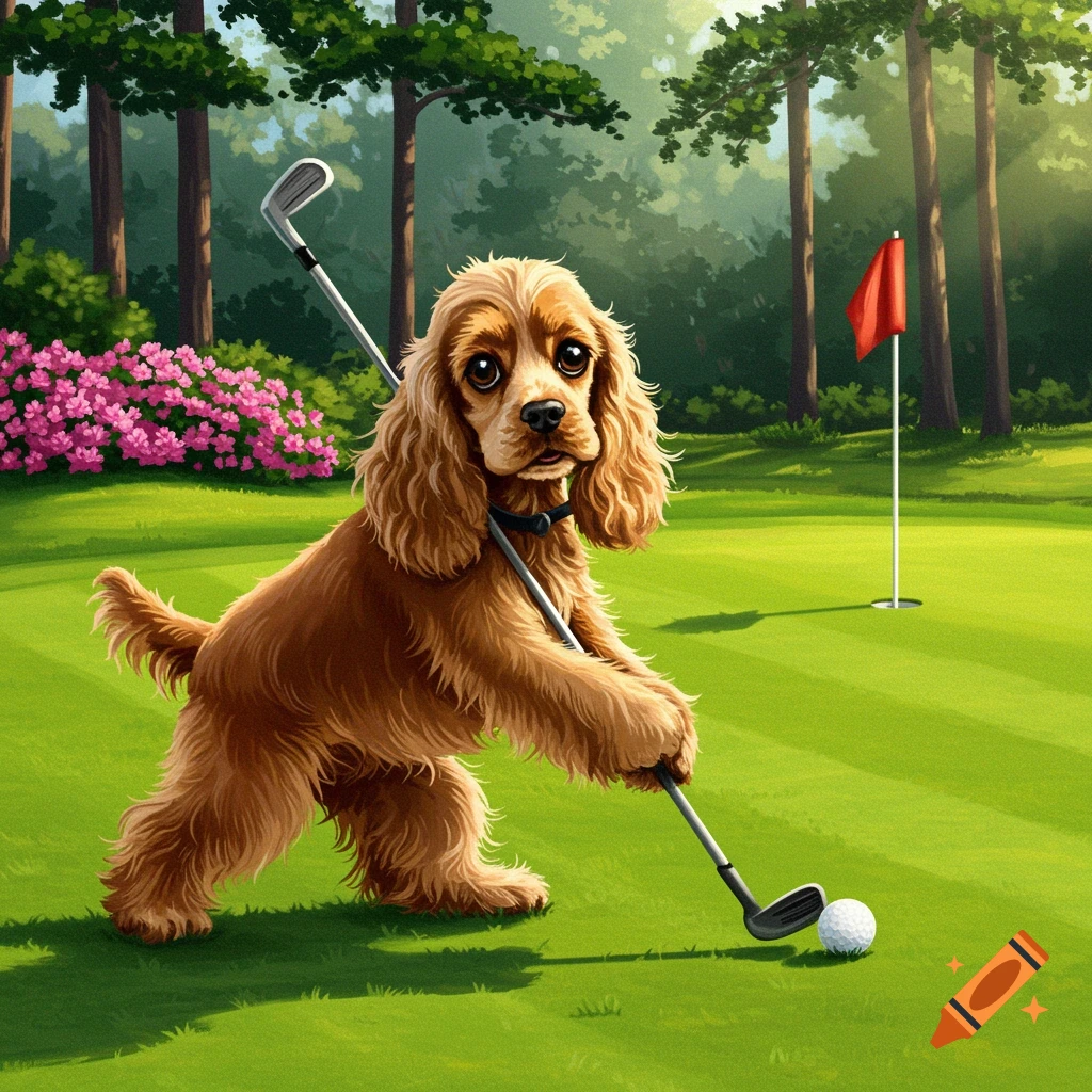 A cute cocker spaniel dog plays golf on a green course with a red flag ...