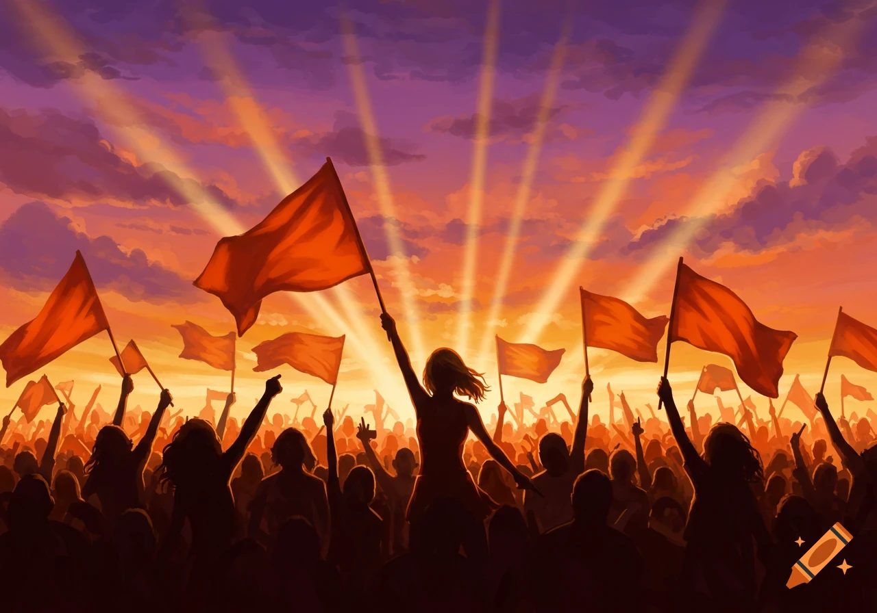 A silhouetted crowd of people holding red flags under a dramatic orange ...