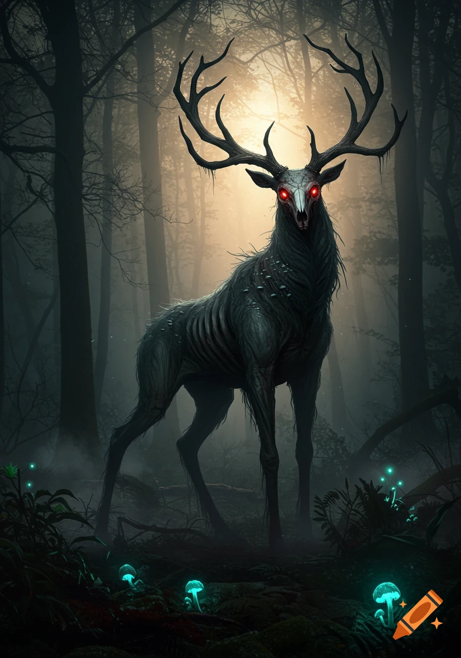 A stylized, skeletal-faced deer with large antlers stands in a dark ...