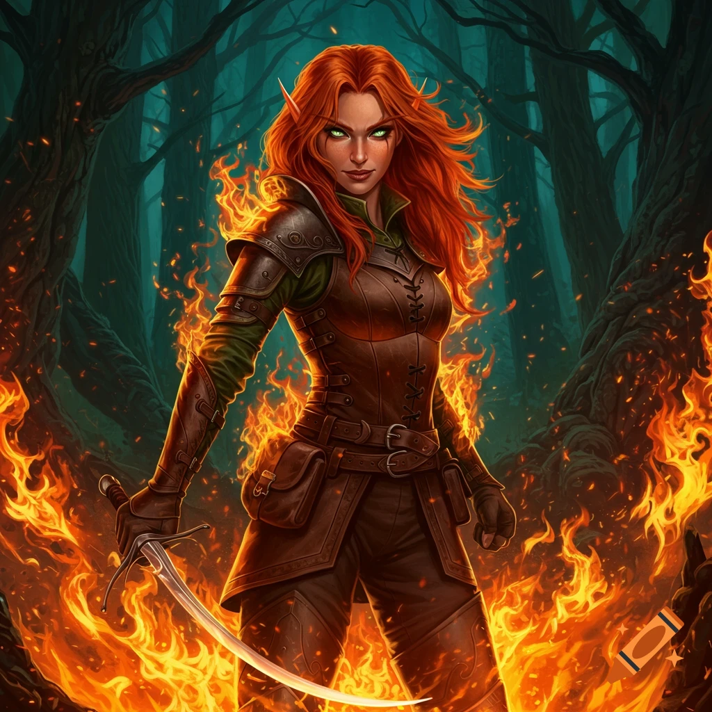 A red-headed female elf in leather armor holds a rapier, smirking ...