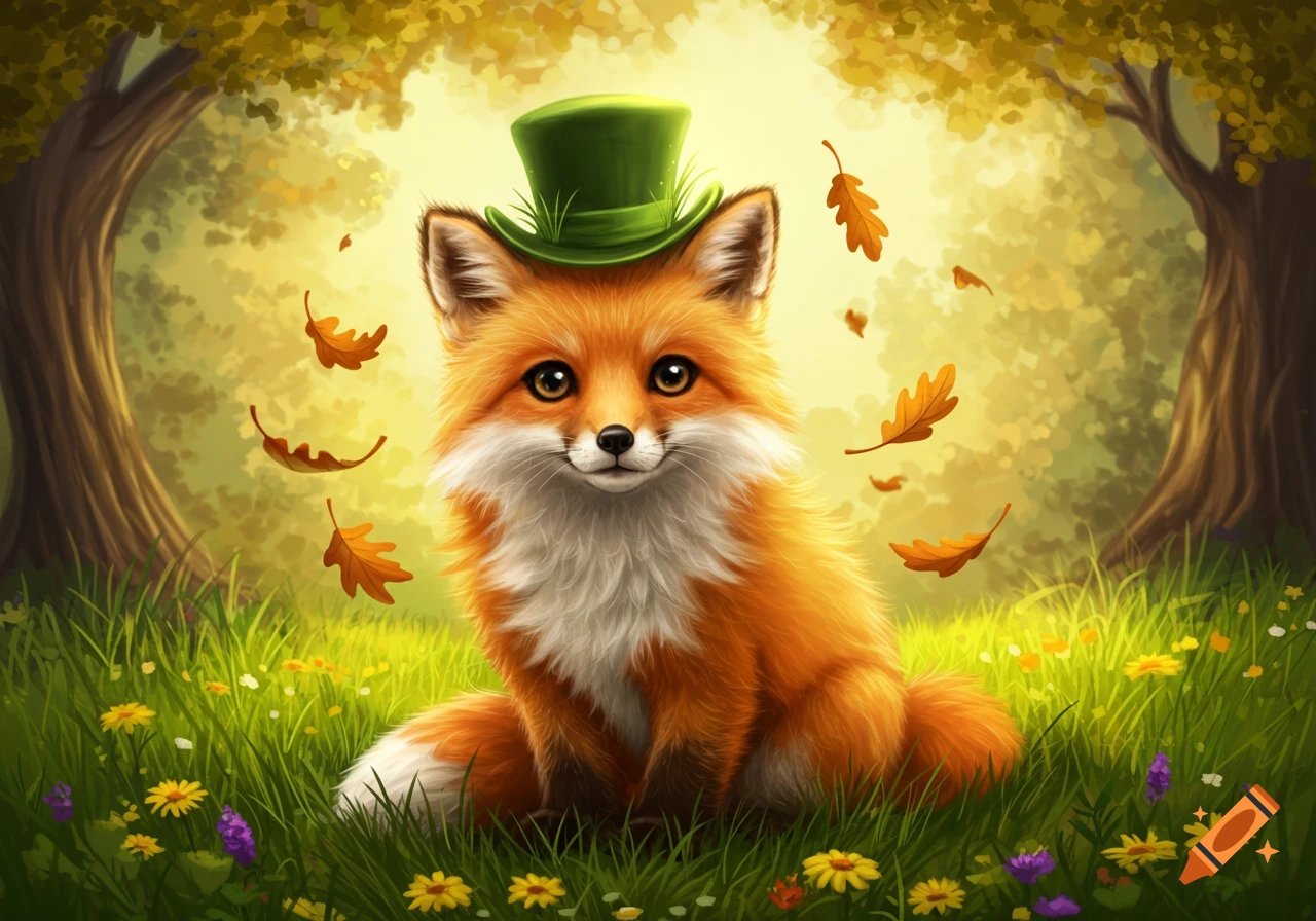 A cute, orange and white cartoon fox wearing a red hat sits in a sun ...