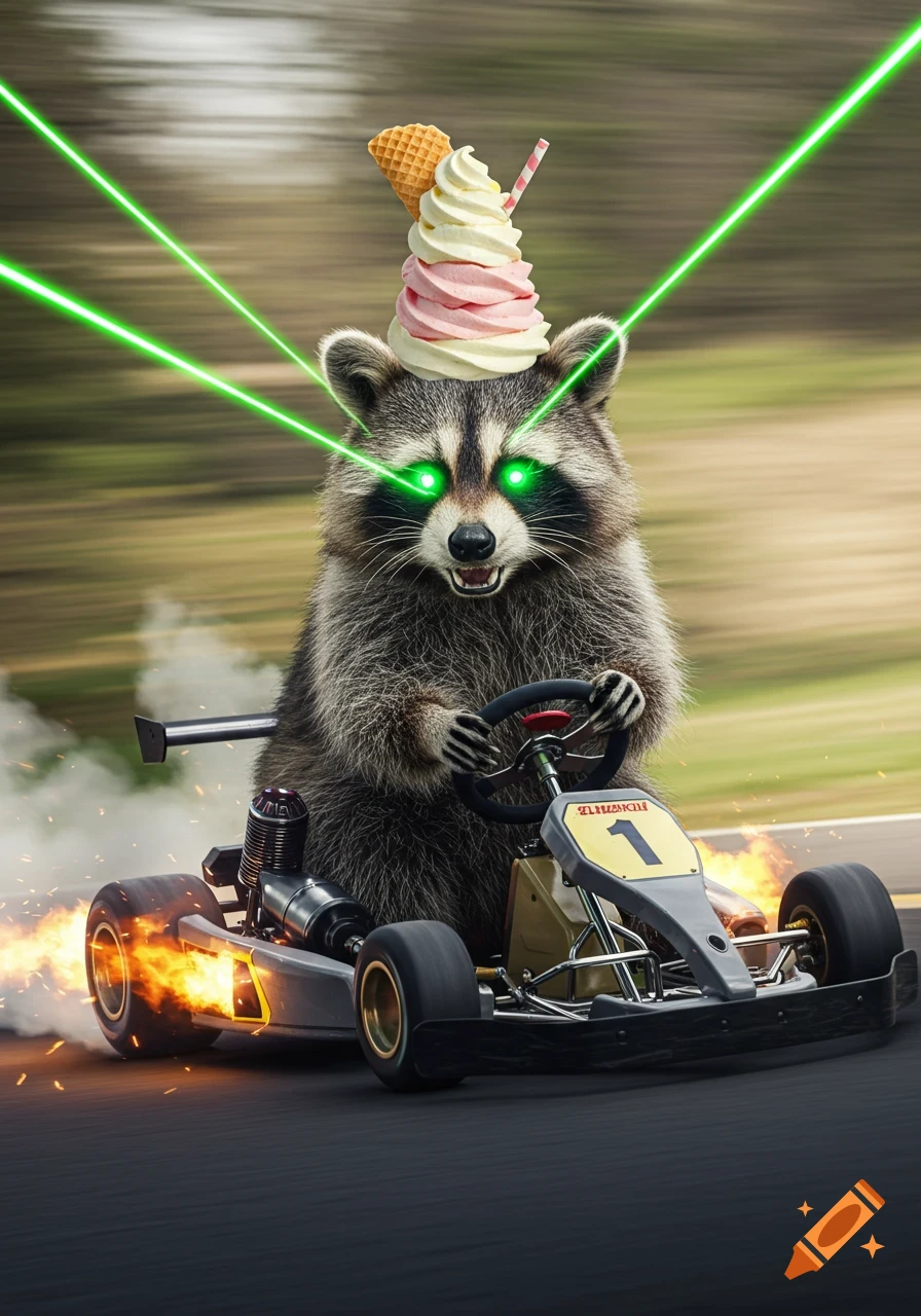 Photorealistic raccoon driving a racing go-kart with green laser eyes ...
