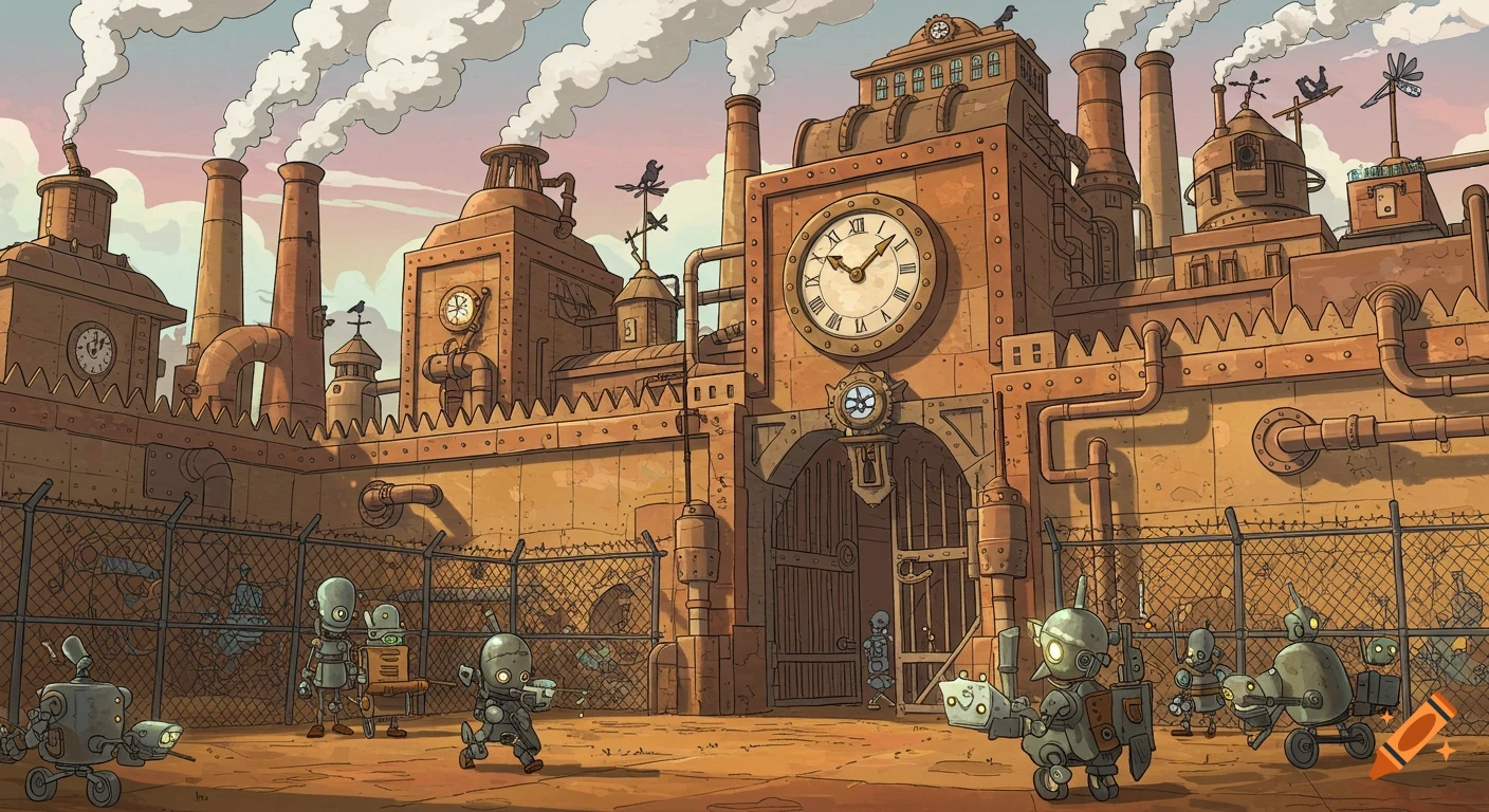 Cartoon illustration of a steampunk factory prison with several small ...