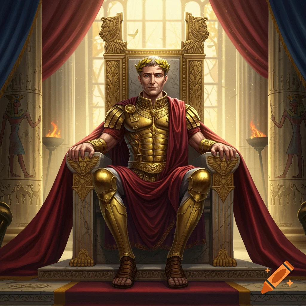 A man resembling Julius Caesar, in golden armor and a red cape, sits ...