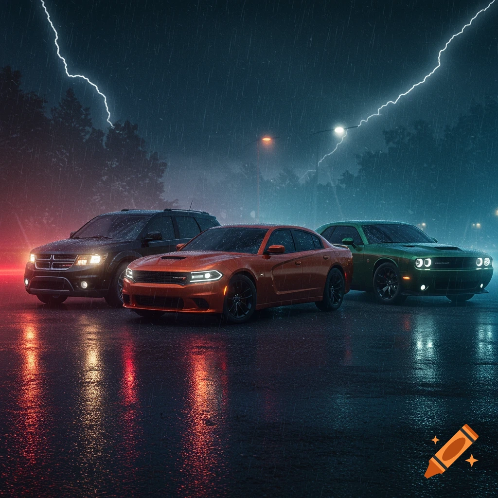 A matte black Dodge Hellcat parked on a wet, neon-lit city street at ...