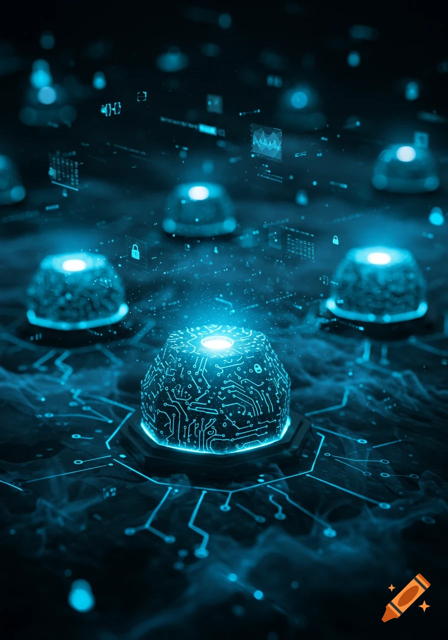 A dark, futuristic network with glowing blue circuit nodes, intricate ...