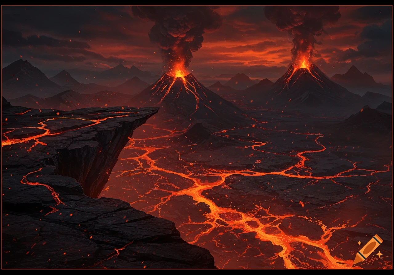 A dark fantasy depiction of a hellish landscape with lava rivers, fiery ...