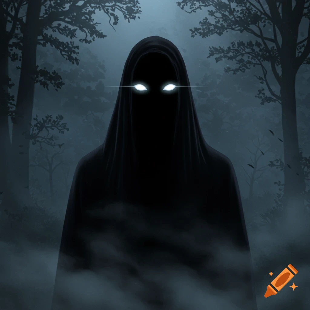 A tall, shadowy figure with glowing purple eyes stands in a dark ...