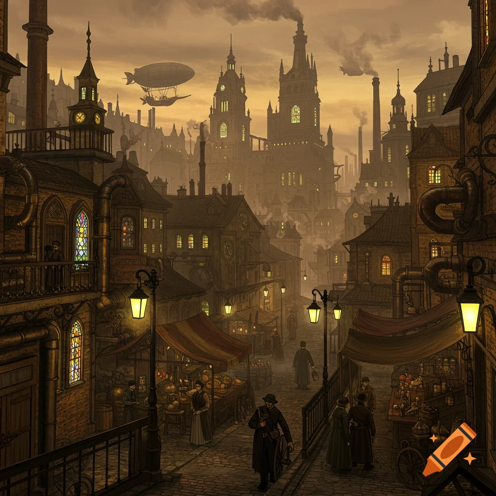 A detailed, atmospheric steampunk city with market stalls, towering industrial buildings, and an ...