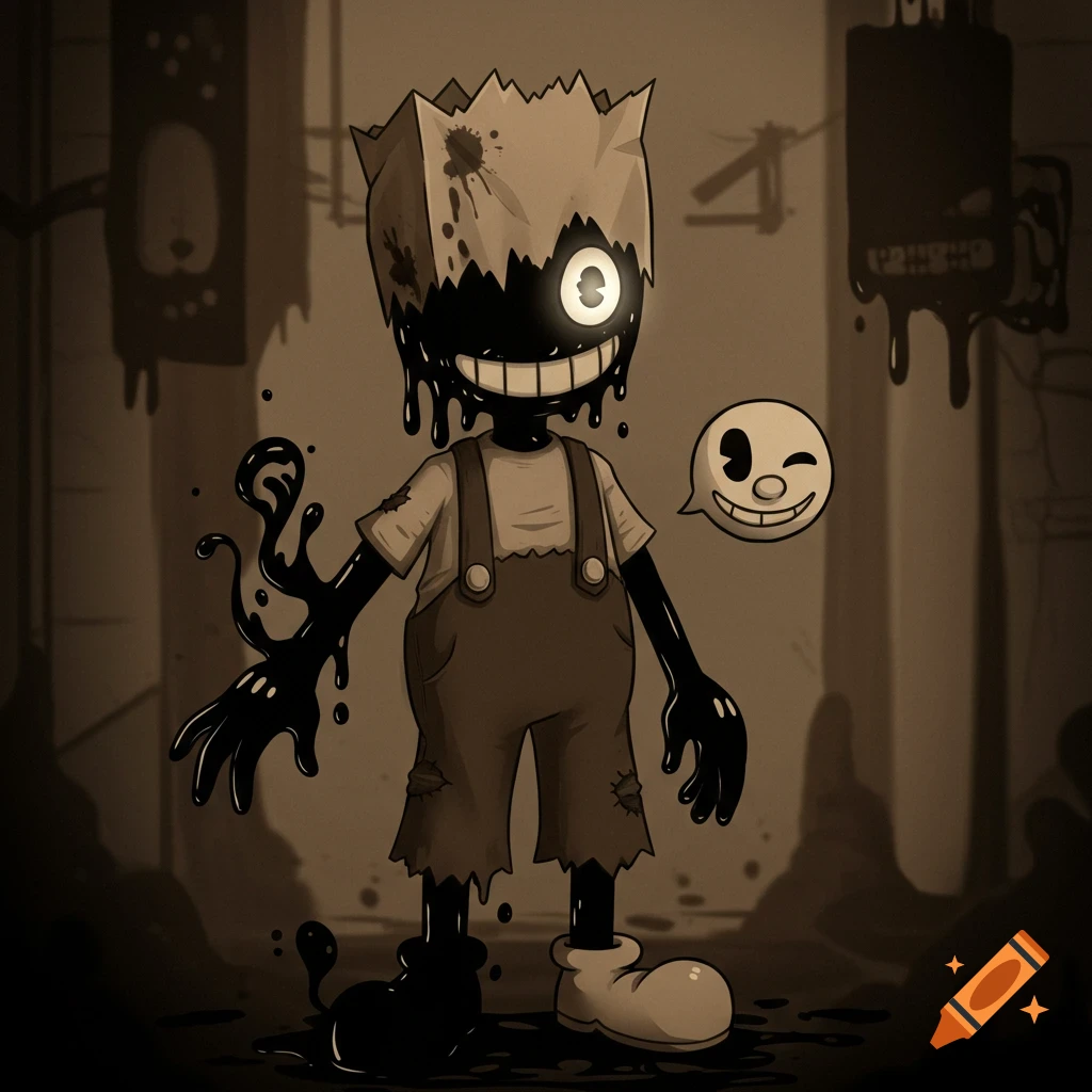 Cartoon character with a paper bag head and dripping ink body in a ...