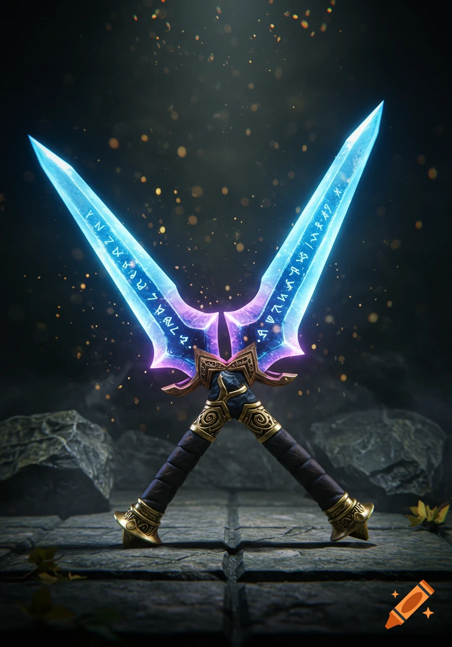Two ornately carved fantasy daggers with glowing blue blades crossed ...