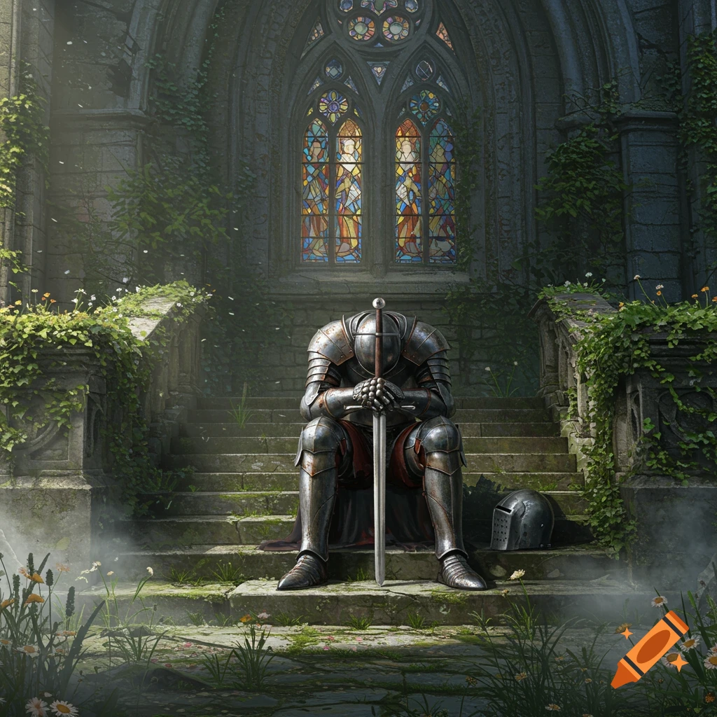 Headless medieval knight in full armor sits exhausted on stone steps ...