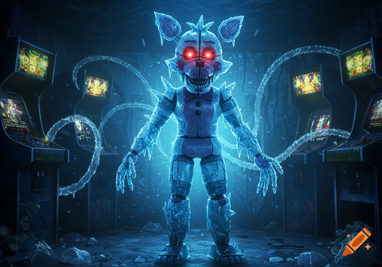 A terrifying ice-covered FNAF Lolbit animatronic with glowing red eyes ...