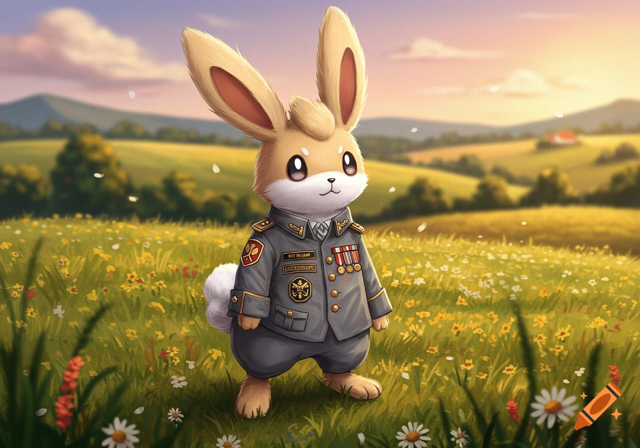 A cartoon rabbit in a marching band uniform leads a parade on a sunny ...