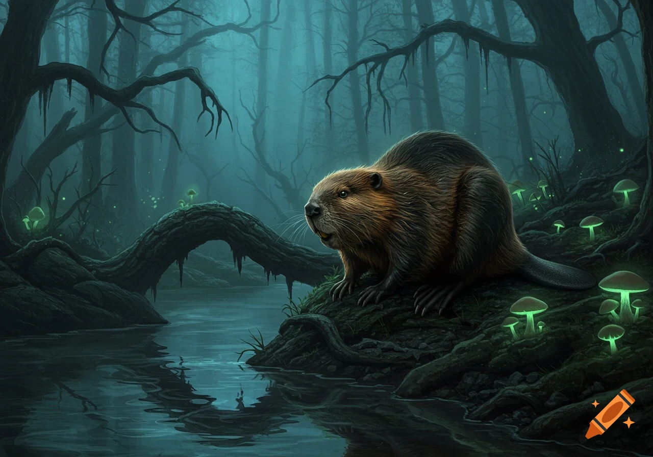 Two beavers building a dam out of colorful pencils and sticks in a ...