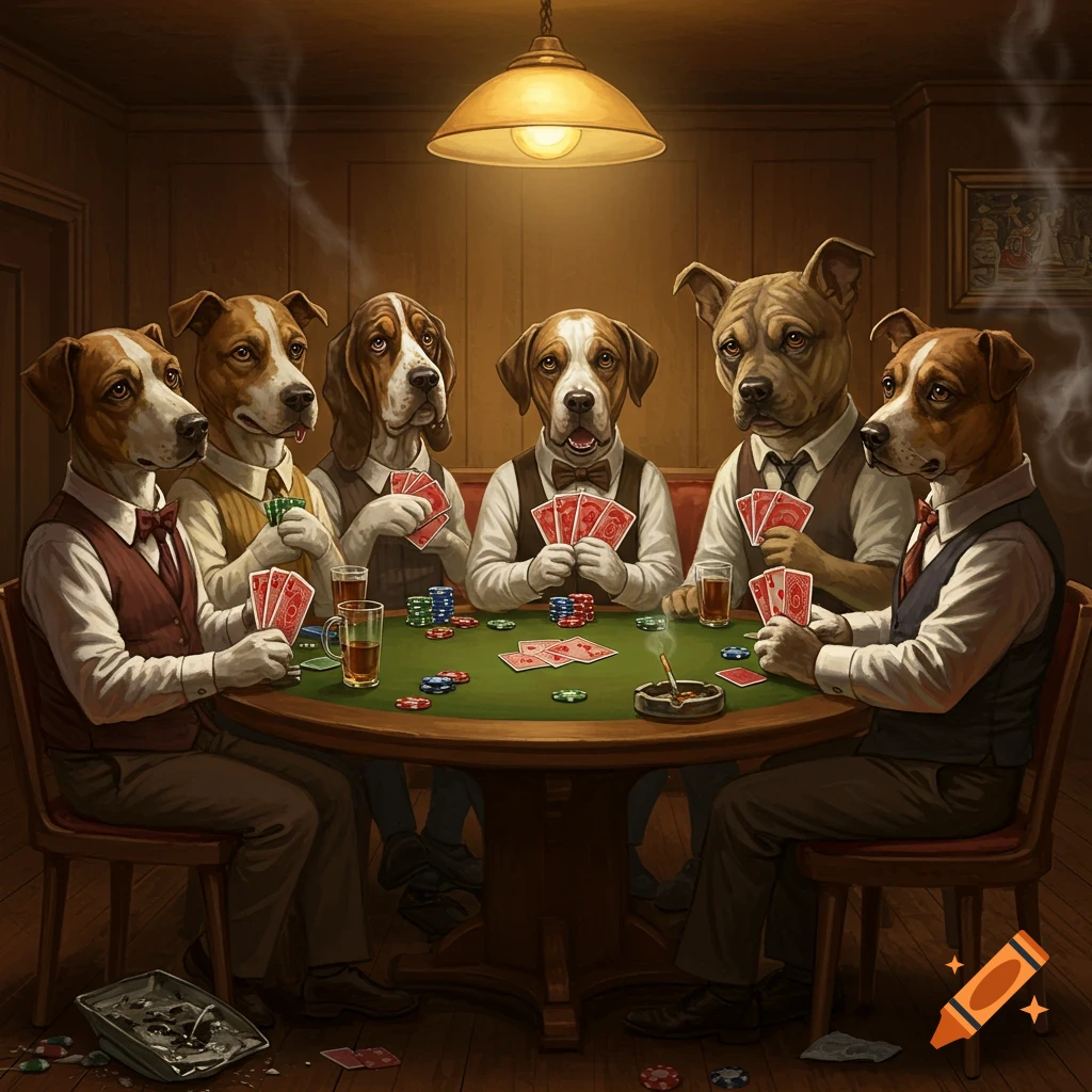 Six anthropomorphic dogs in colorful zoot suits play jazz instruments ...