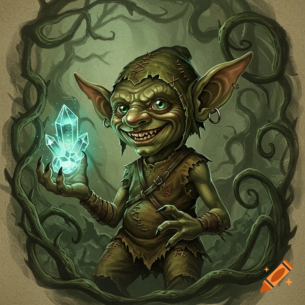 A grinning green goblin with large ears holds a glowing turquoise ...