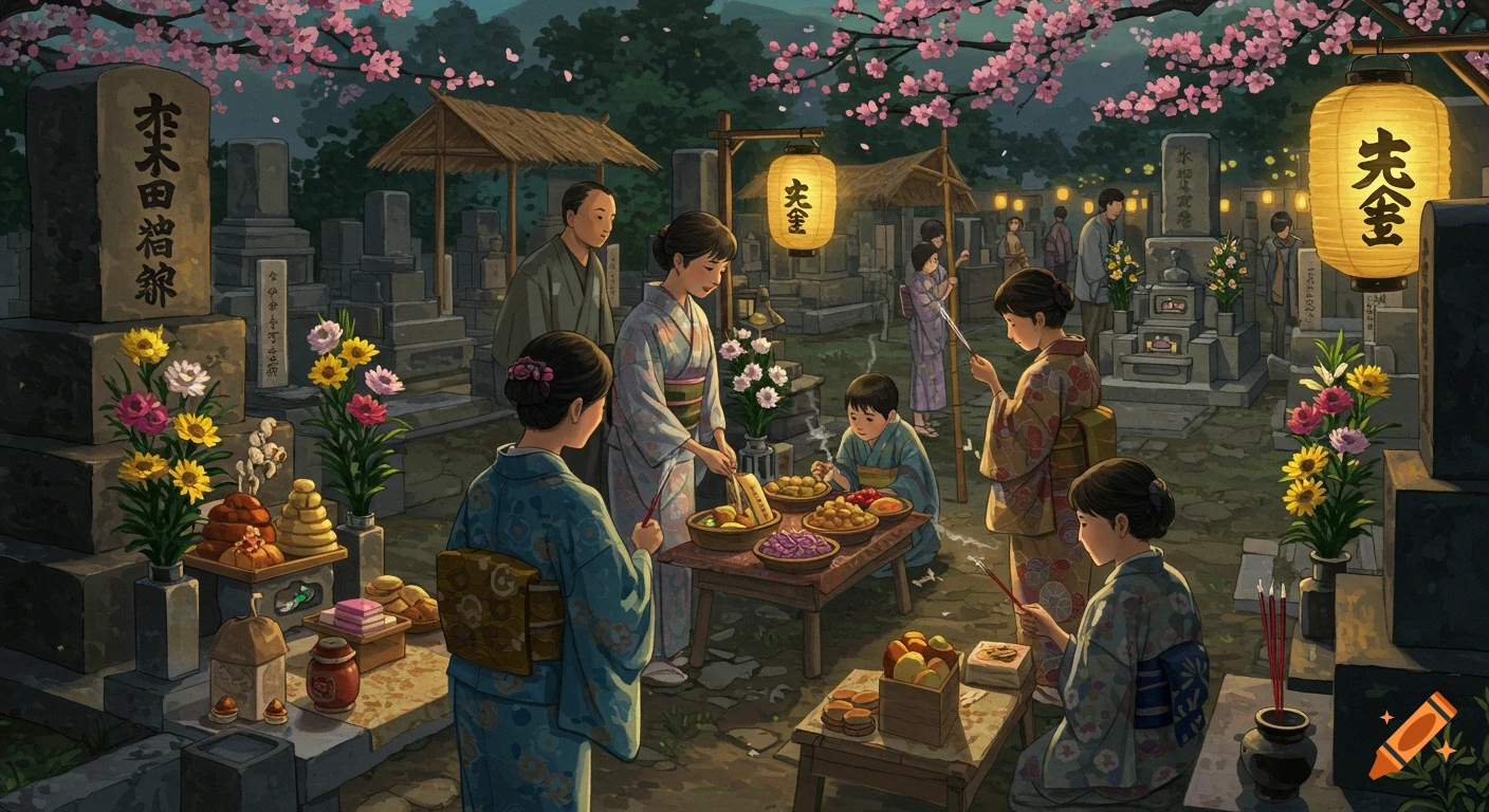 People in kimonos celebrate Obon festival in a Japanese cemetery ...