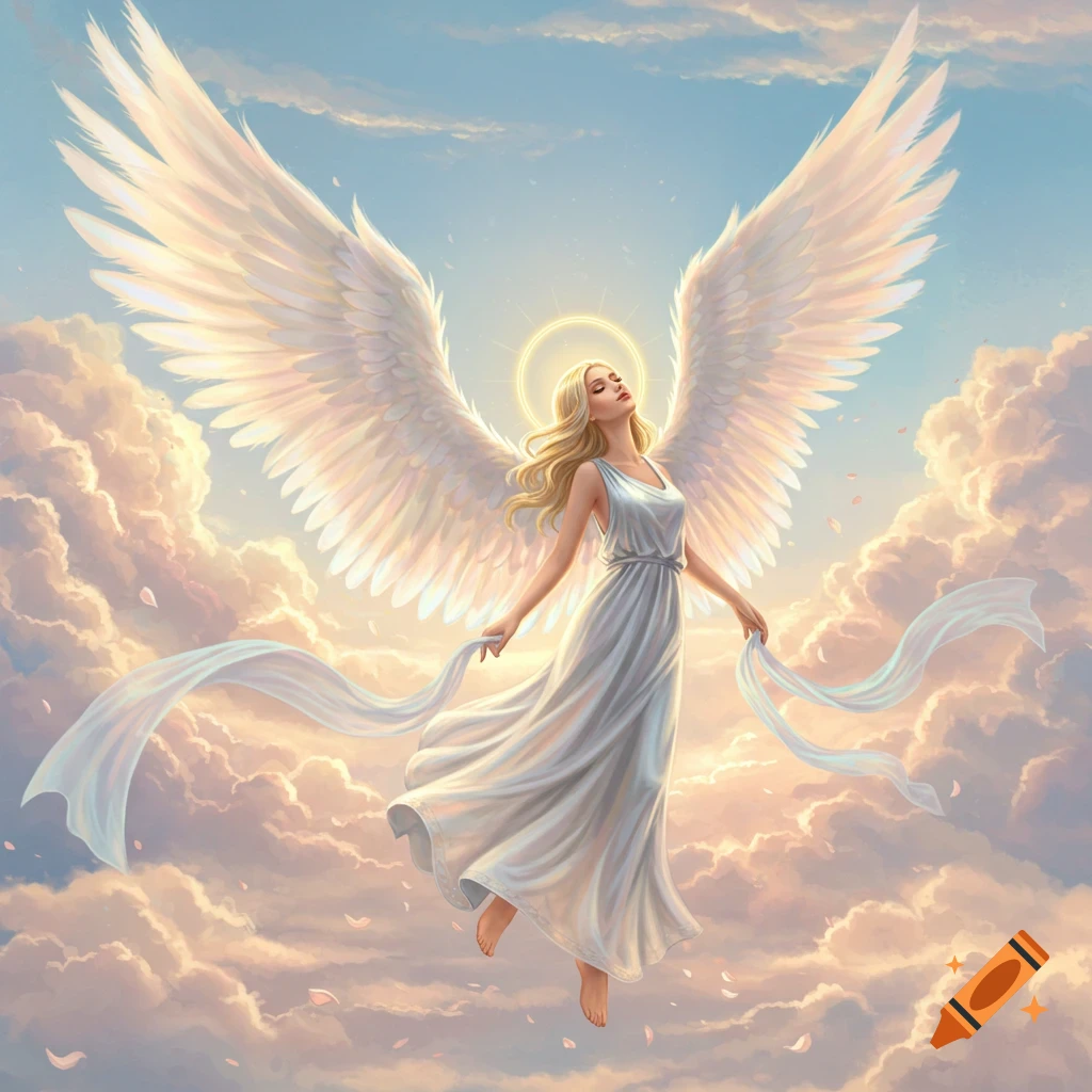 An angel with large white wings and a light blue flowing gown floats in ...