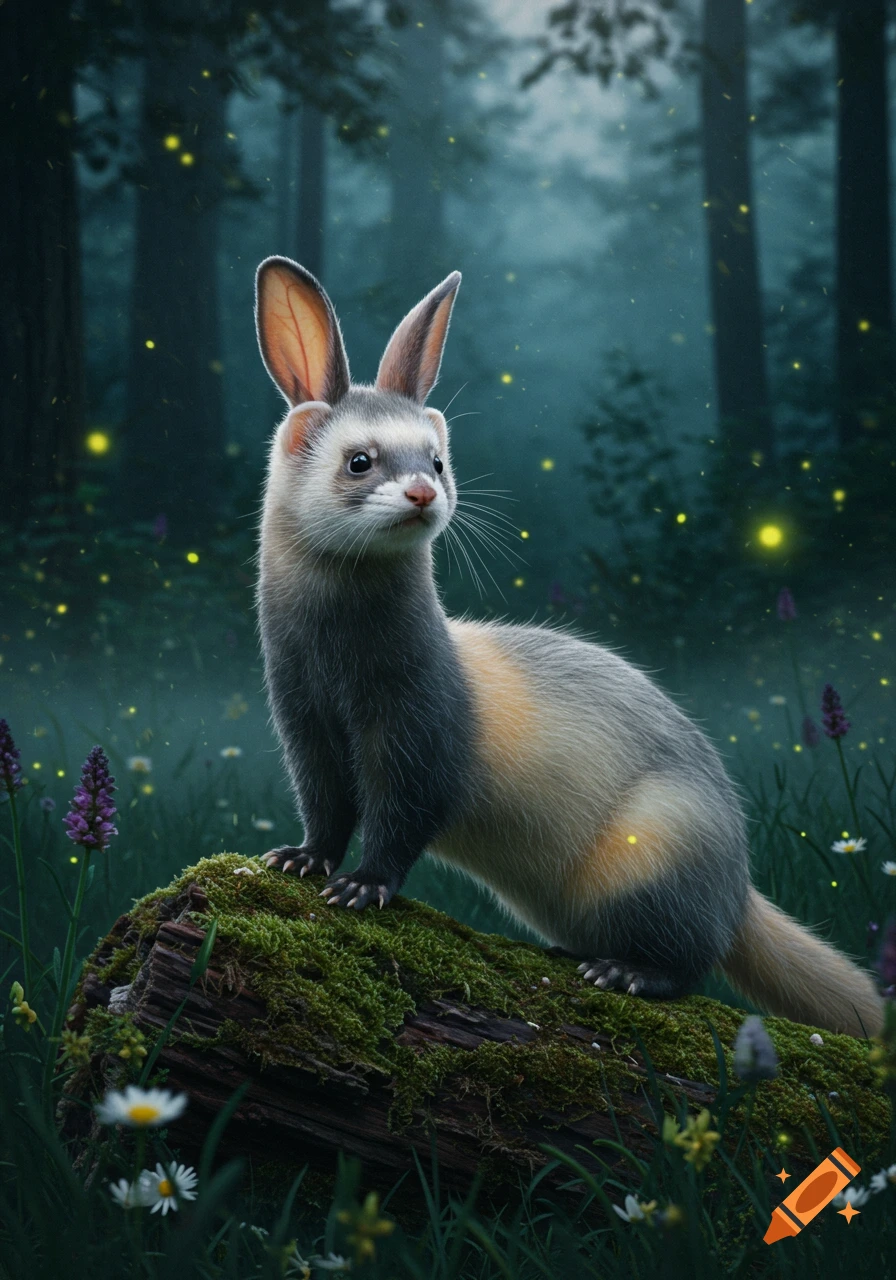 A grey rabbit sits on a red desert landscape under an orange sky with a ...