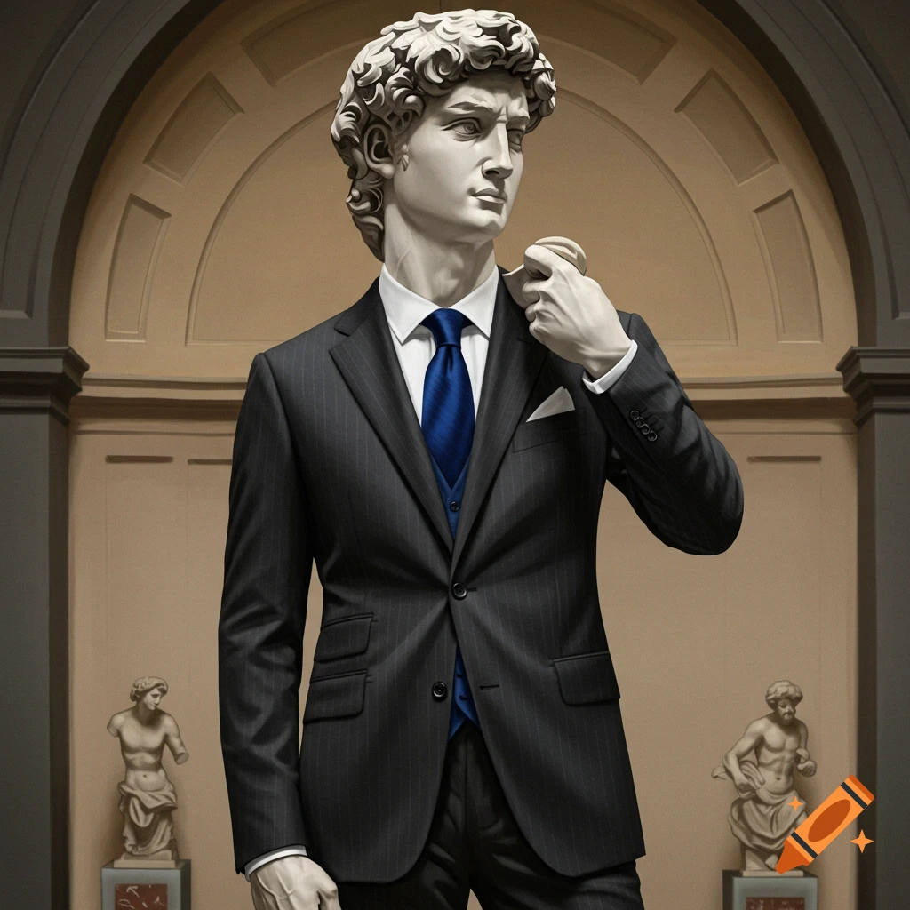 The marble statue of David wearing a pinstripe business suit with a ...