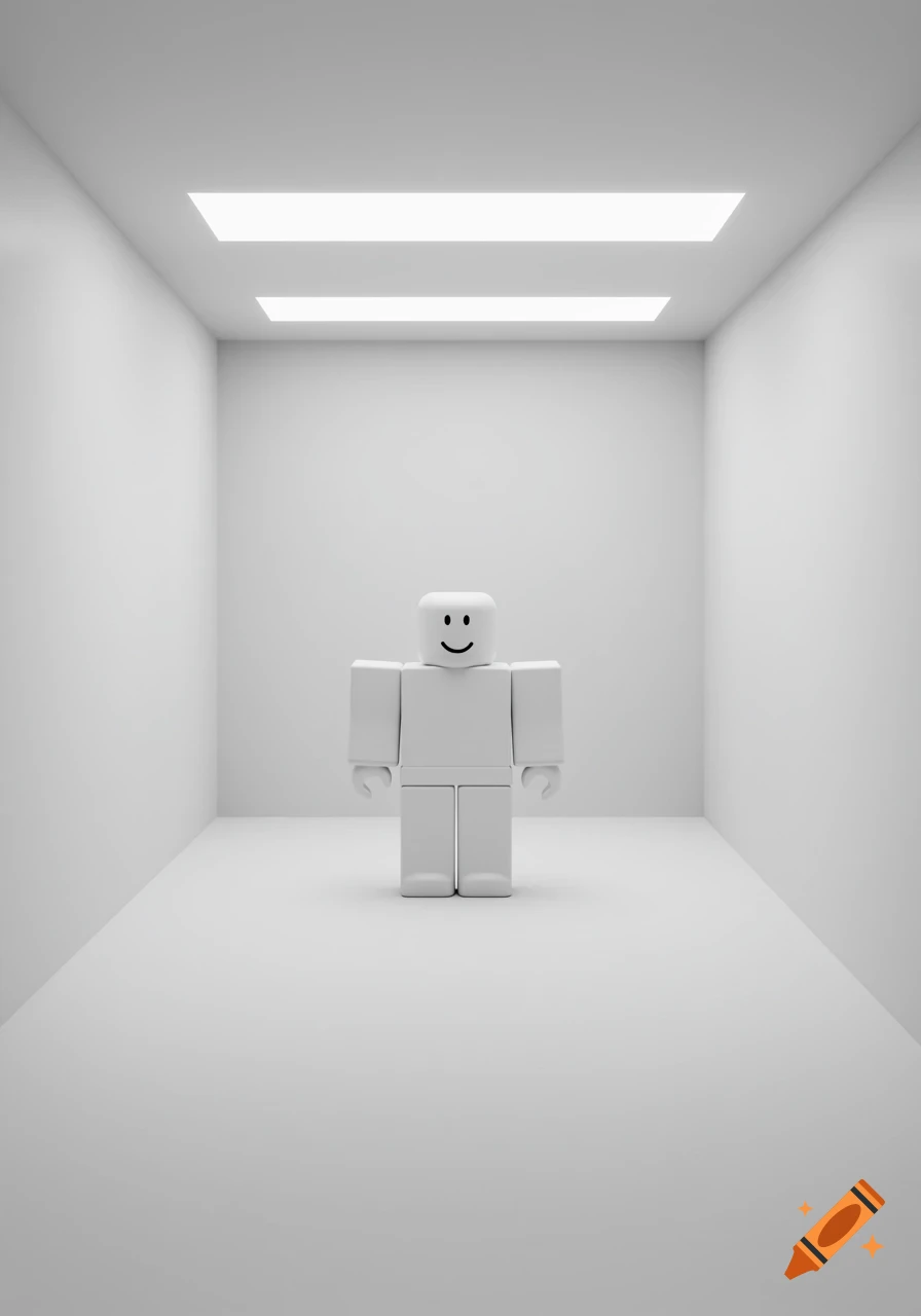 A white, blocky Roblox R6 character with a smiley face stands in a ...