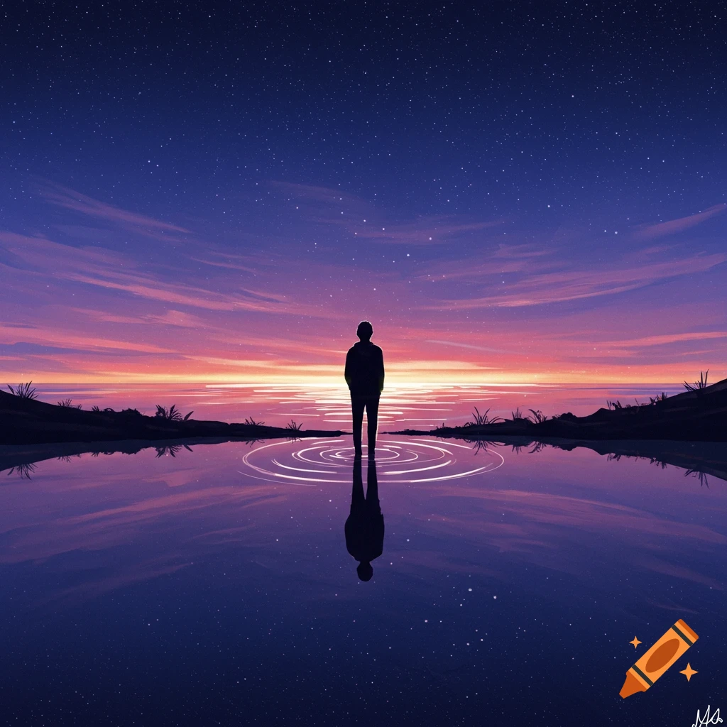 A silhouetted man sits on a dock with his feet in a misty lake, facing ...