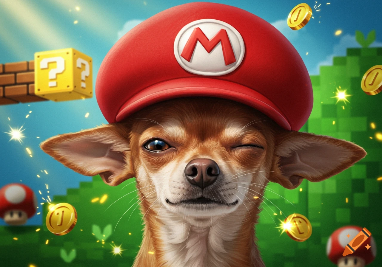 Photorealistic chihuahua wearing a red Mario hat and winking in a Super ...