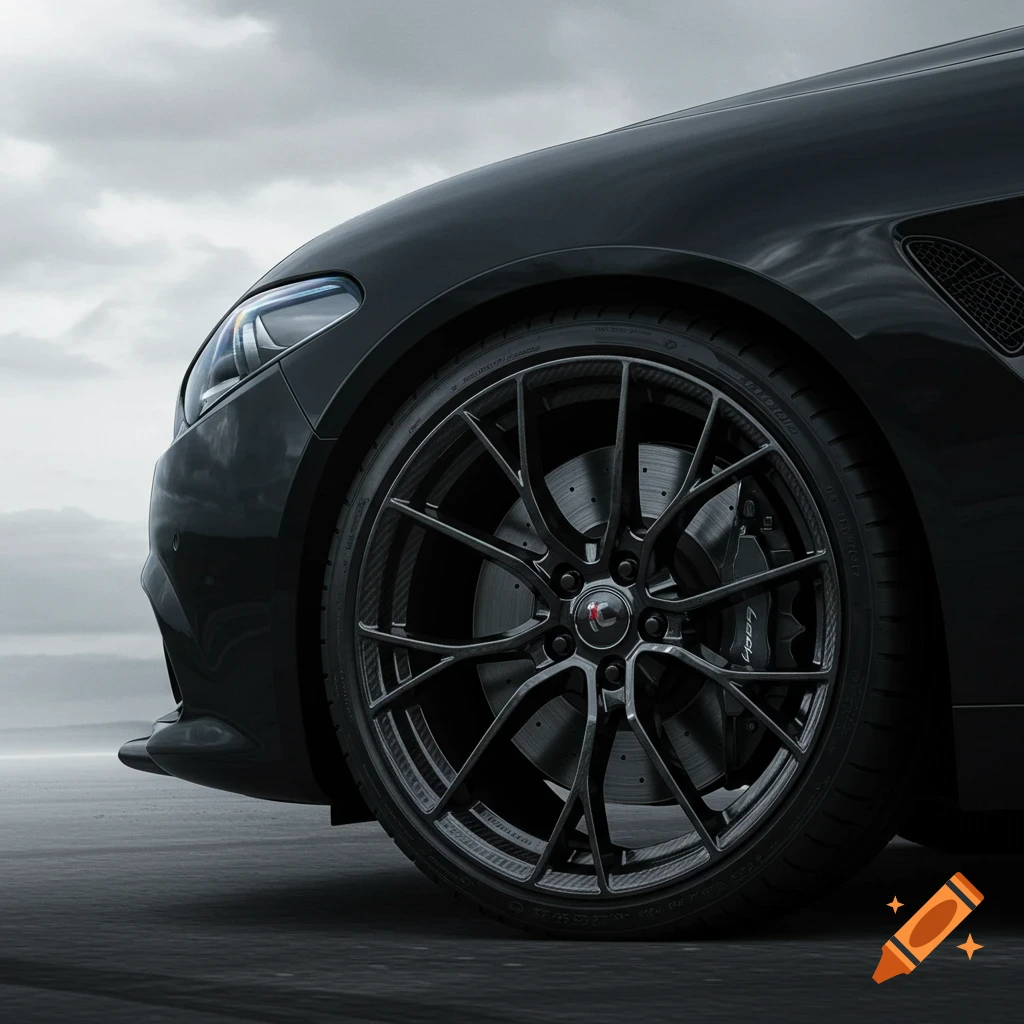 Close-up of the front wheel and headlight of a black sports car with ...
