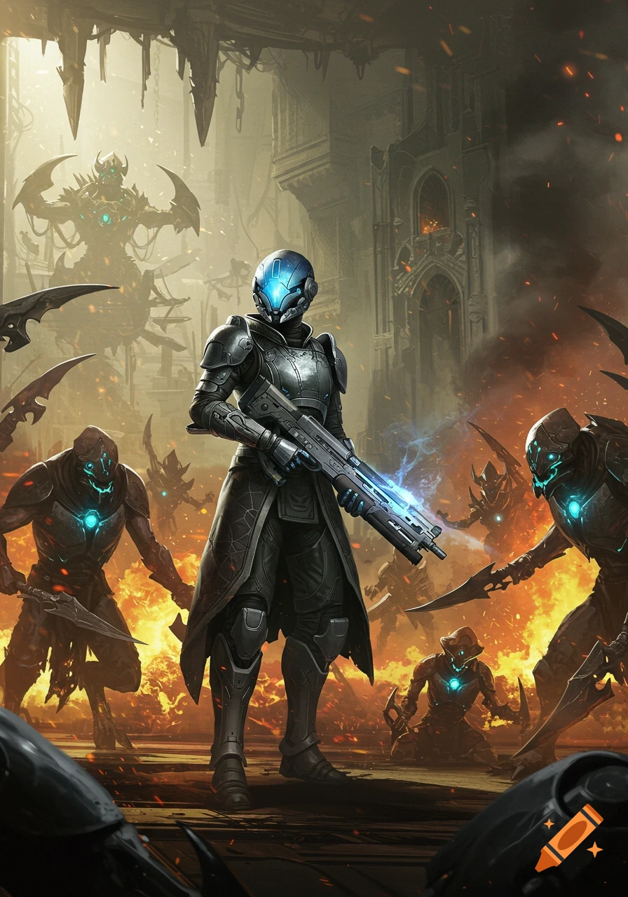 A futuristic armored soldier battles glowing alien creatures in a fiery ...