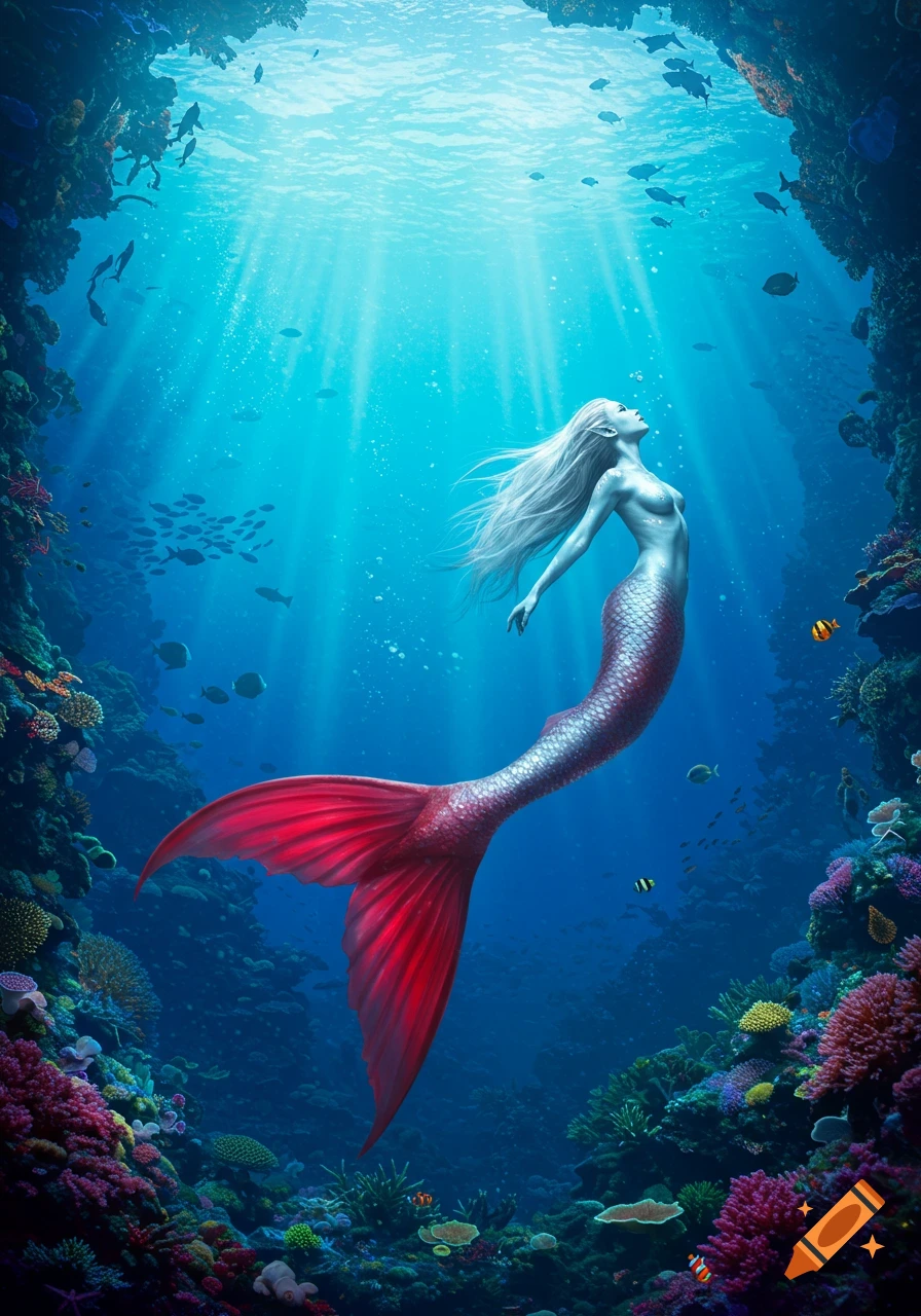 A white-haired mermaid with a silver tail swims gracefully under rays ...