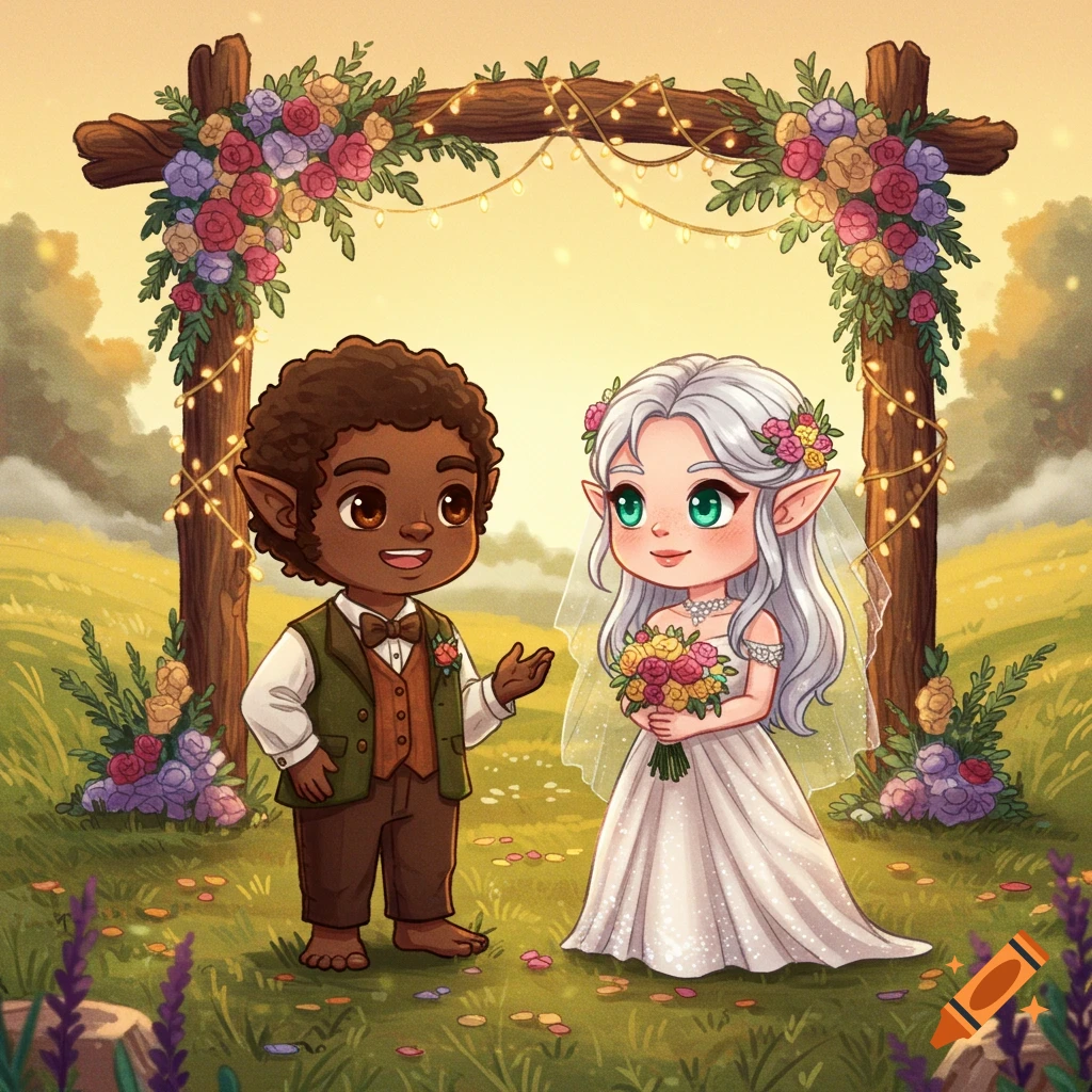 Chibi-style illustration of a hobbit groom and an elf bride getting ...
