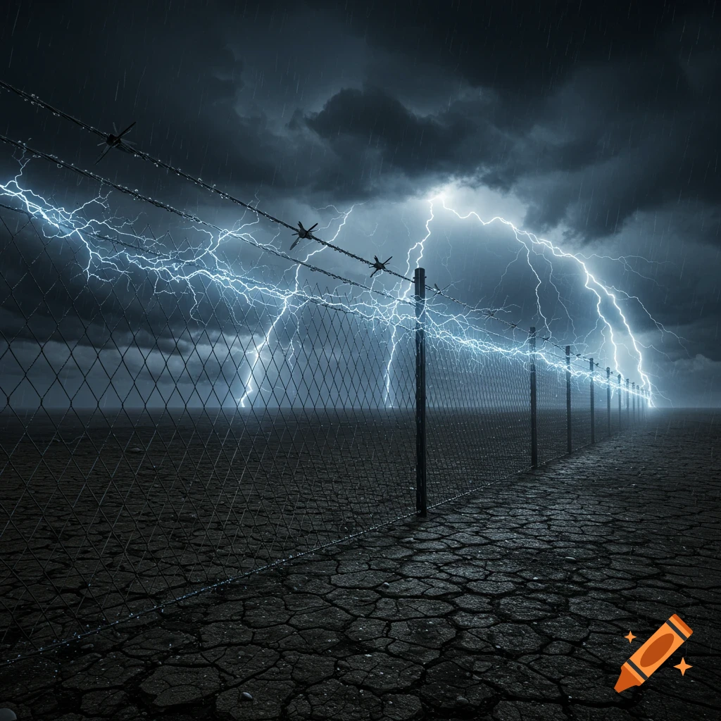 A tree is struck by a bright bolt of lightning in a stormy, rainy ...