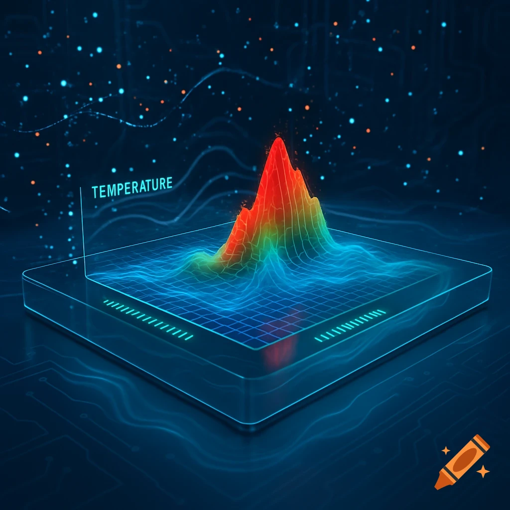 A vibrant 3D digital data graph with a red and orange peak showing ...