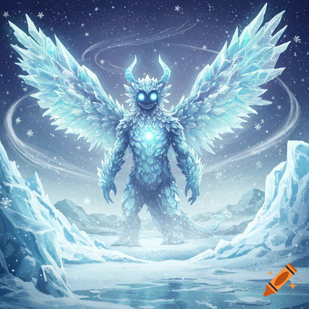 An ice monster with large wings and glowing blue eyes stands in a snowy ...