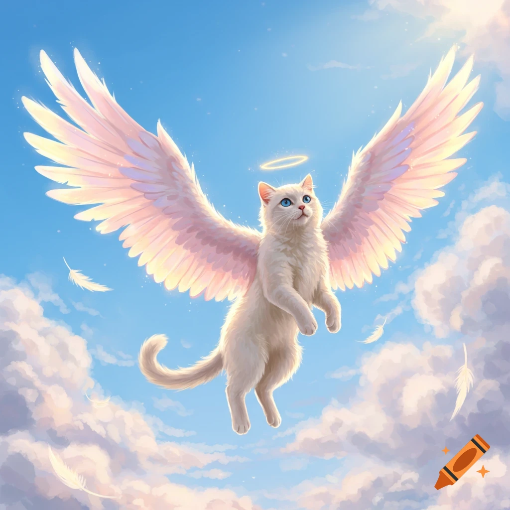 A fluffy white cat with large, light pink angel wings and a golden halo ...