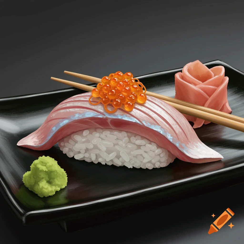 A piece of nigiri sushi with light fish and salmon roe on a black plate ...