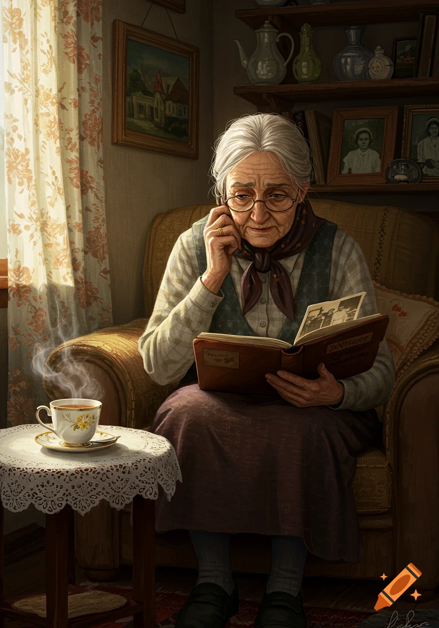 A schoolboy in uniform offers tea to a sad older man at a table in a ...